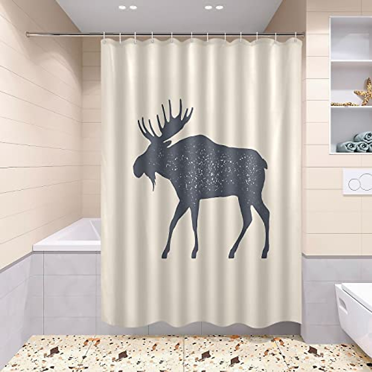 Oyihfvs Moose Wild Deer Silhouette Isolated 4 Pcs Shower Curtain with Matching Doormat Sets, Bath Curtain with Rugs(Bath Mat, U Shape Mat, Toilet Lid Cover Mat) with Hooks