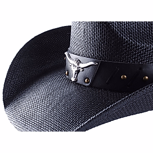 Western Outback Cowboy Hat Men's Women's Style Straw Felt Canvas (Black Bull)