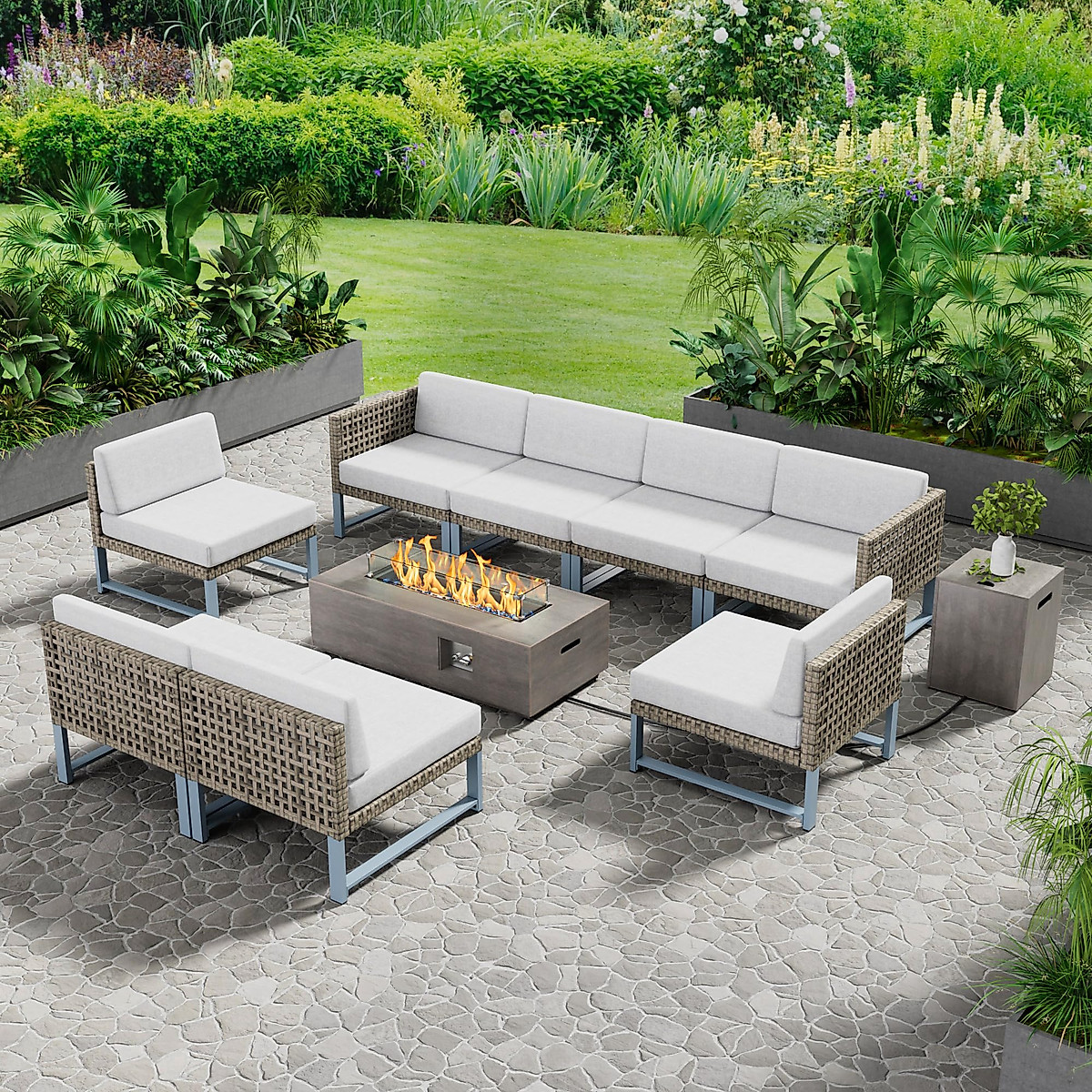 SUNPEAK Patio Furniture Set Outdoor Furniture Sectional Couch Fire Pit Table and Chairs Set with Propane Firepit (Light Brown Wicker, 9 pcs/42‘’ Rectangular Fire Pit)