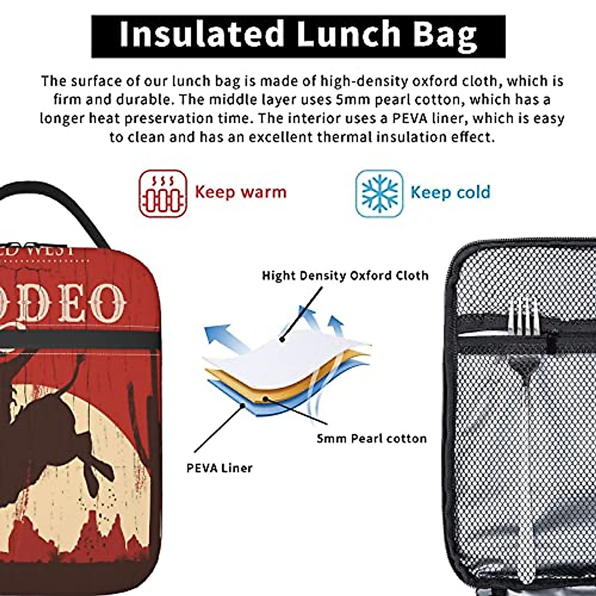 MSUGU Insulated Lunch Bag Reusable Tote Bag lunch box for men Rodeo Cowboy Riding Bull Wooden Old Sign Western Style Wilderness At Sunset Image Theme women cooler bag