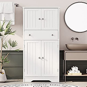 Rovaurx Tall Storage Cabinet with Adjustable Shelf, Bathroom Floor Storage Cabinet with Drawer, Traditional 4 Door Kitchen Pantry, White BMGZ106W