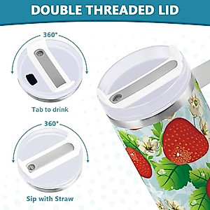 Wfrish Tumbler with Handle and Straw Lid,Red Ripe Strawberry Flowers Blue 40 oz Insulated Coffee Cup Stainless Steel Fruit Water Bottle Travel Mug Cupholder Friendly,Gifts for Women Men