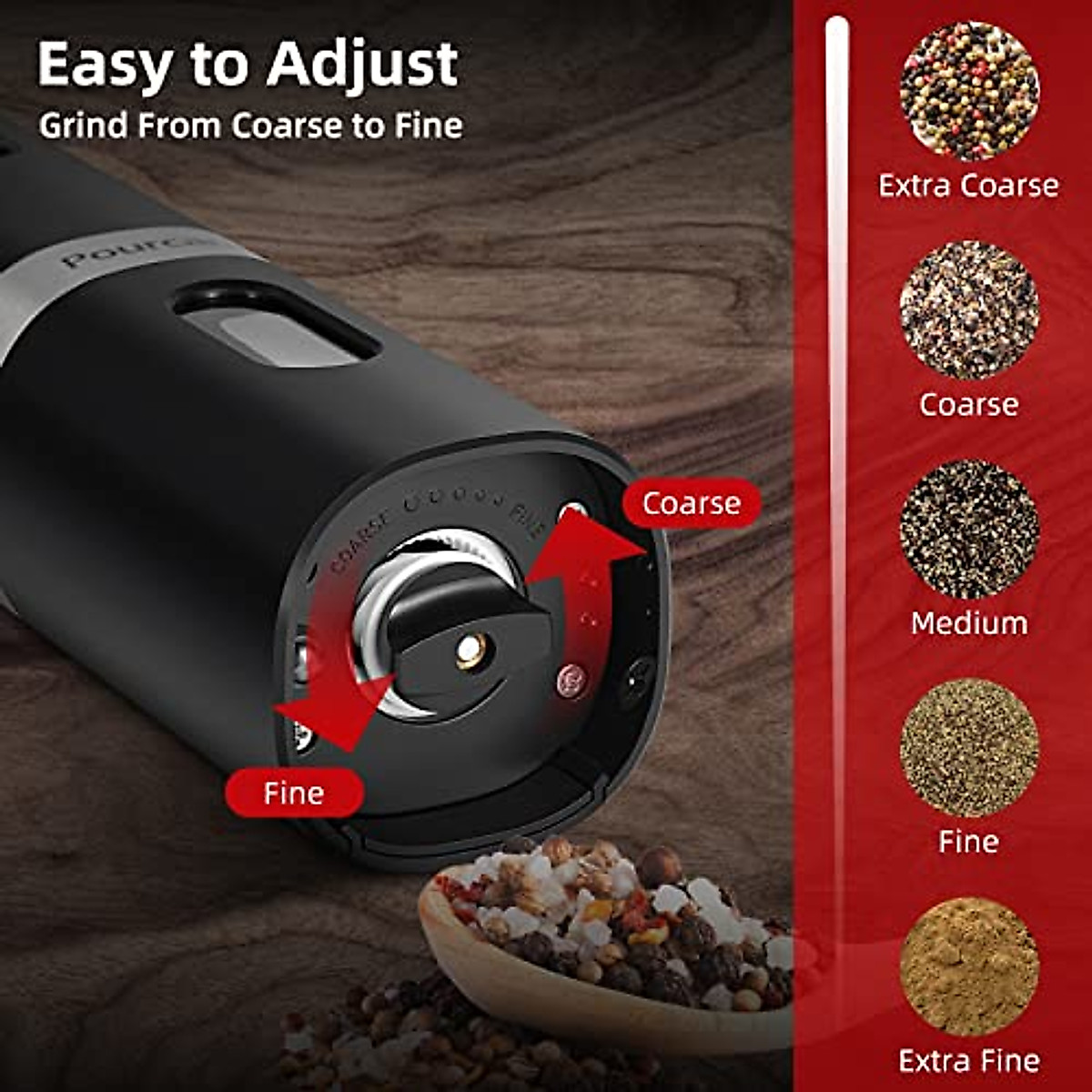 Pourcare Electric Salt and Pepper Grinder Mill Set,Adjustable Coarseness One-hand Automatic Operation,Charging Base Rechargeable Battery Powered with LED Light,Stainless Steel Black 2 Pack