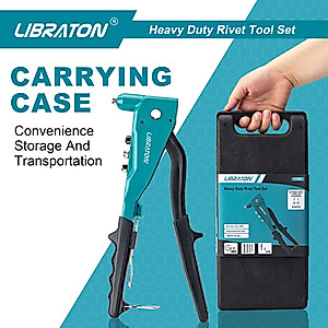 Libraton Heavy Duty Rivet Gun, Pop Rivet Gun Set, Professional Hand Riveter, Manual Riveting Tool with 110Pcs Rivets and 4 Interchangeable Heads, for Metal, Wood and Plastic