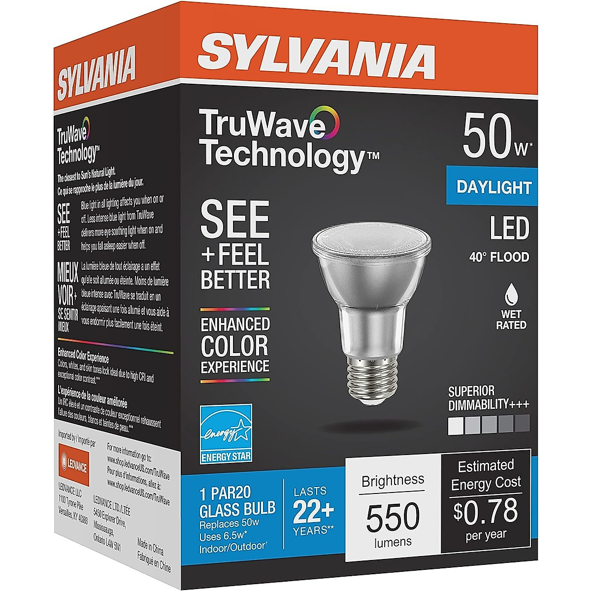 Sylvania LED TruWave Natural Series PAR20 Light Bulb, 50W Equivalent, Efficient 6W, Medium Base, Dimmable, 5000K, Daylight - 1 Pack (40921) White