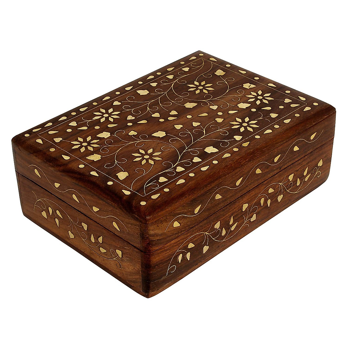 Ajuny Hand Carved Wooden Decorative Jewelry Storage Box with Floral Carvings Design Brass Inlay Keepsake Travel Treasure Chest Trinket Holder Organiser Great Gifts