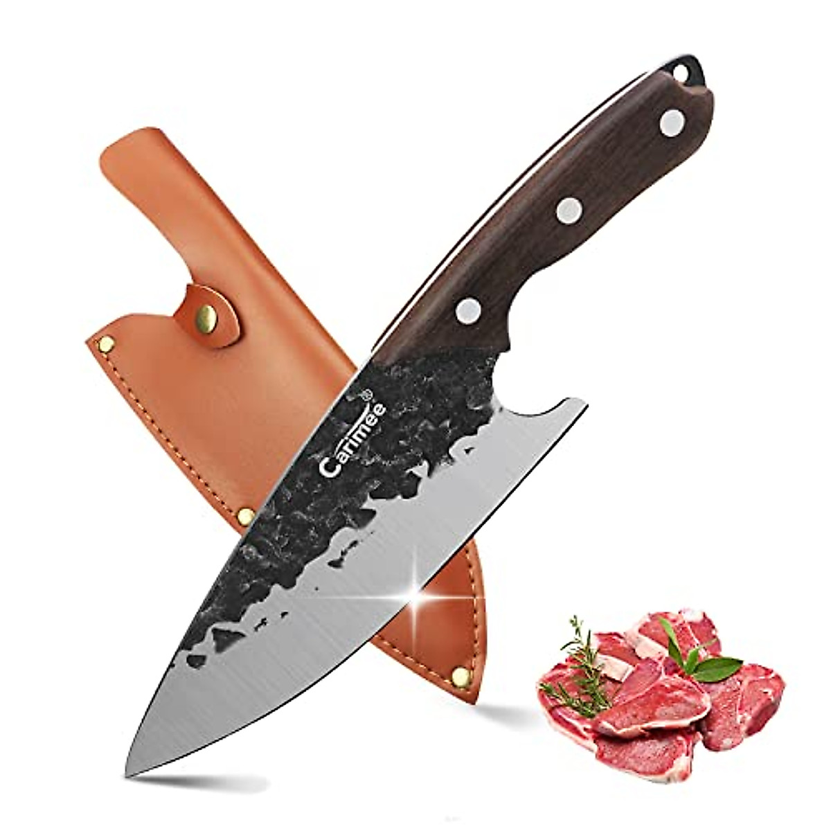 Carimee Japanese Forged Boning Knife with Sheath, Viking Husk Knives for Meat Cutting, Cooking Kitchen Knife with High Carbon Steel, Small Meat Cleaver for Camping BBQ