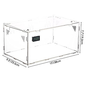 PetierWeit Reptile Terrarium Acrylic Reptile Tank with Temperature Hygrometer 15.3"x9.7"x7.6" Large Reptile Breeding Box Suitable for Tortoise, Horned Frog, Gecko, Chameleon, Snake, Hamster, Spider