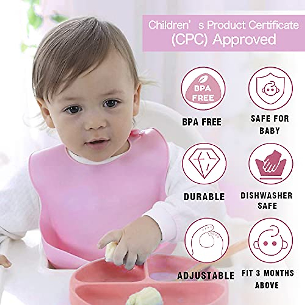 GODR7OY Silicone Baby Bib, BPA Free Waterproof Bibs, Adjustable 2PCS (Sakura)