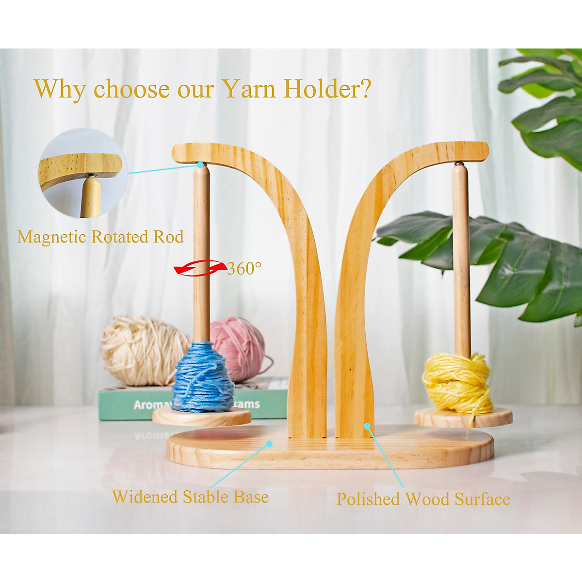 Kamostarr Wooden Yarn Holder for Crocheting, Magnetic Rotating Yarn Ball Holder, Yarn Spinner as Crochet Gift for Knitting Lovers