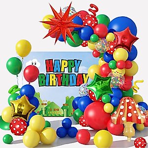 af-tigonhw Red Blue Yellow Green Balloon Garland Arch Kit, Mushroom Star Foil Balloons Color Carnival Circus Balloons for Mario Birthday Carnival Circus Party Decorations
