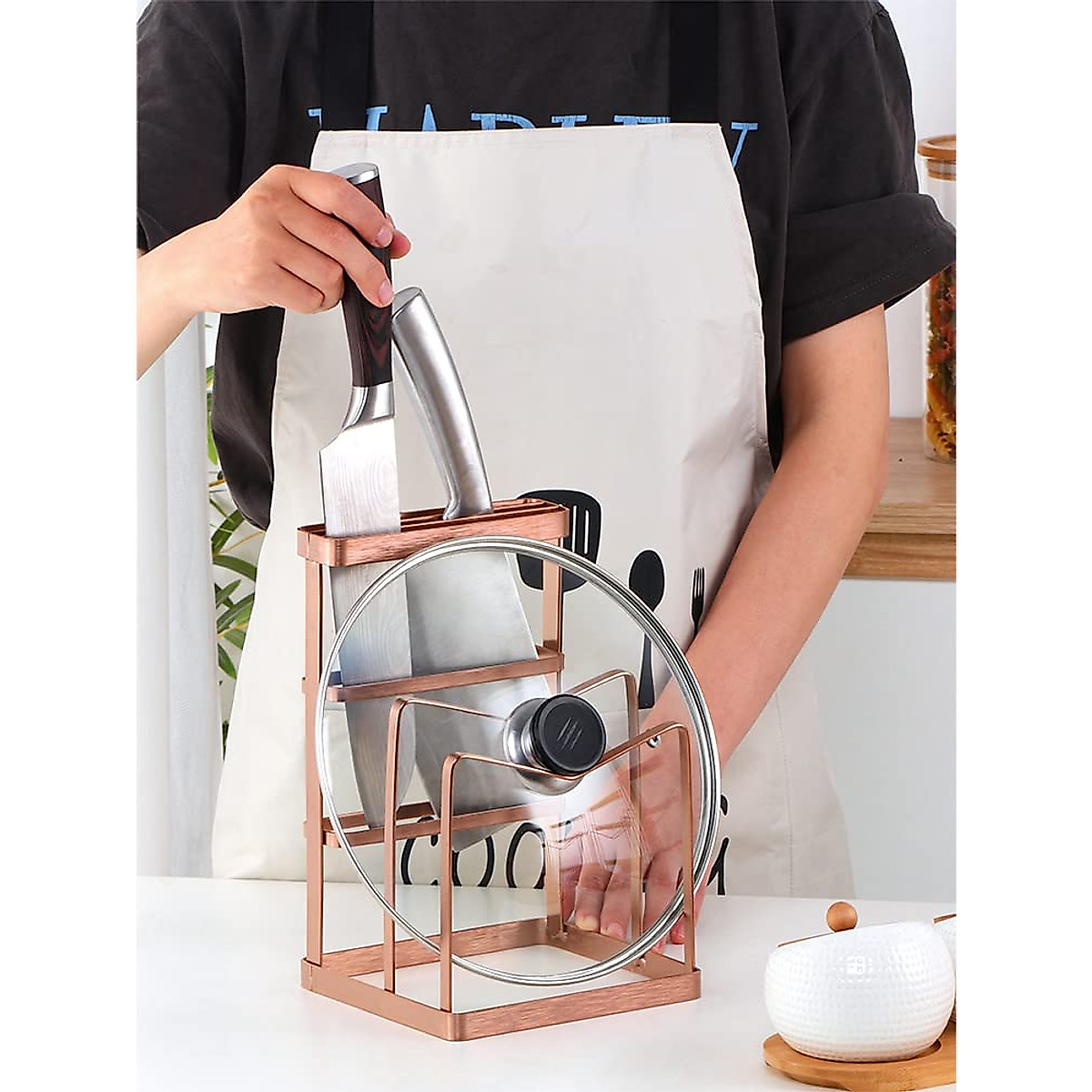 Knife Holder Bakeware Organizer Pot Lid Holder Rack for Pots, Cake Molds, Cutting Boards, Mats, Cookware-Rose Gold