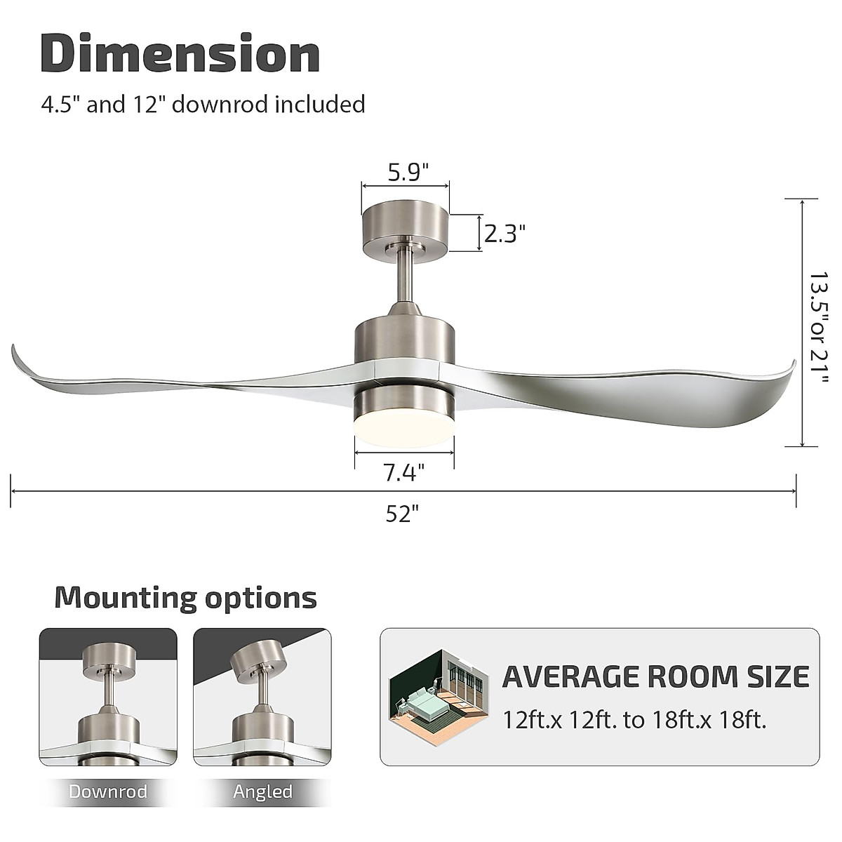 WINGBO 52" DC Ceiling Fan with Lights and Remote, Brushed Nickel and Silver Ceiling Fan, 2 Curved ABS Plastic Blades, 6-Speed DC Motor, Modern Ceiling Fan for Kitchen Bedroom Living Room, ETL Listed