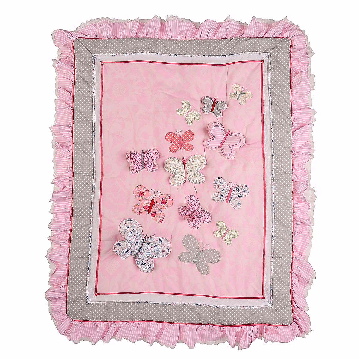 7 PCs Pink Embroidery Butterfly Nursery Crib Bedding Set 100% Cotton Baby Girl 3D Butterfly Themed Cot Bedding Set 1 Quilt, 1 Skirt, 1 Fitted Sheet, 1 Window Valance, 3 Butterfly Shaped Wall Decor