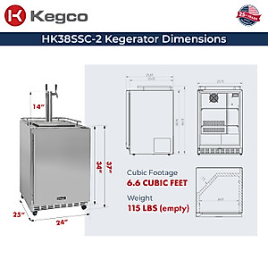Kegco Kegerator 24" Wide Dual Tap Stainless Steel Commercial Beer Dispenser HK38SSC-2