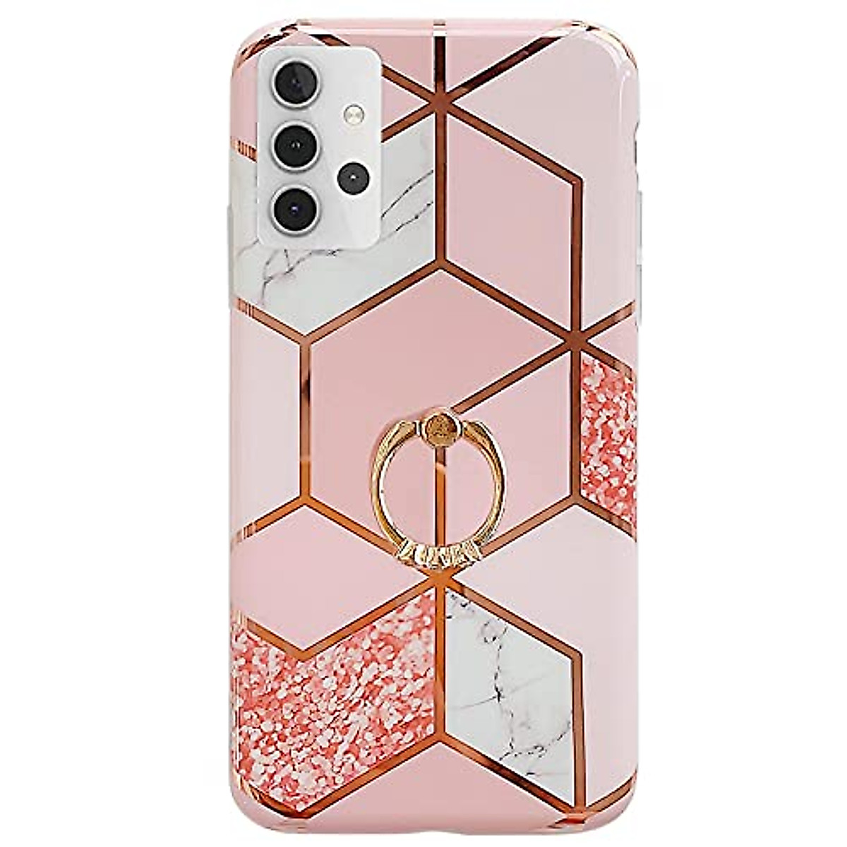 Qokey Compatible for Samsung Galaxy A32 5G Case(Not fit A32 4G),Bling Cute Flower Marble 360°Ring Holder Kickstand Soft TPU Shockproof Girls Women Cover Designed for Galaxy A32 5G 6.5" Rhombic Marble