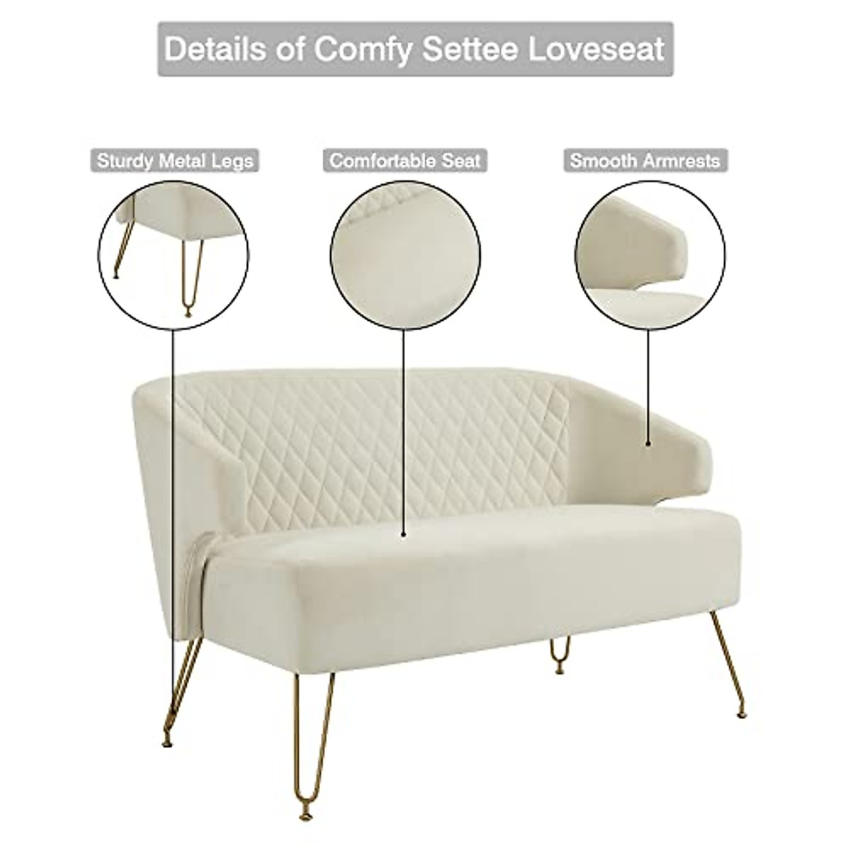 Homtique Velvet Loveseat Modern Tufted Accent Sofa Chair with Metal Golden Legs Upholstered 2 Seaters Couch for Small Spaces Elegant Settee Bench for Living Room, Bedroom, Apartment (White)