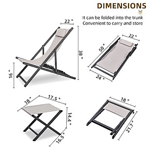 RICNOD Outdoor Sling Chairs Set of 2 Portable Folding Aluminum Reclining Lounge Chairs Adjustable Patio Deck Chairs with Headrest, 2 Folding Stools, Beige