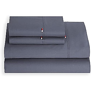 Tommy Hilfiger Signature Solid Sheeting 200 TC Set of 4 Sheet Set - 1 Flat Sheet, 1 Fitted Sheet & 2 Pillowcases, King Size, 100% Cotton (Folkstone Gray)