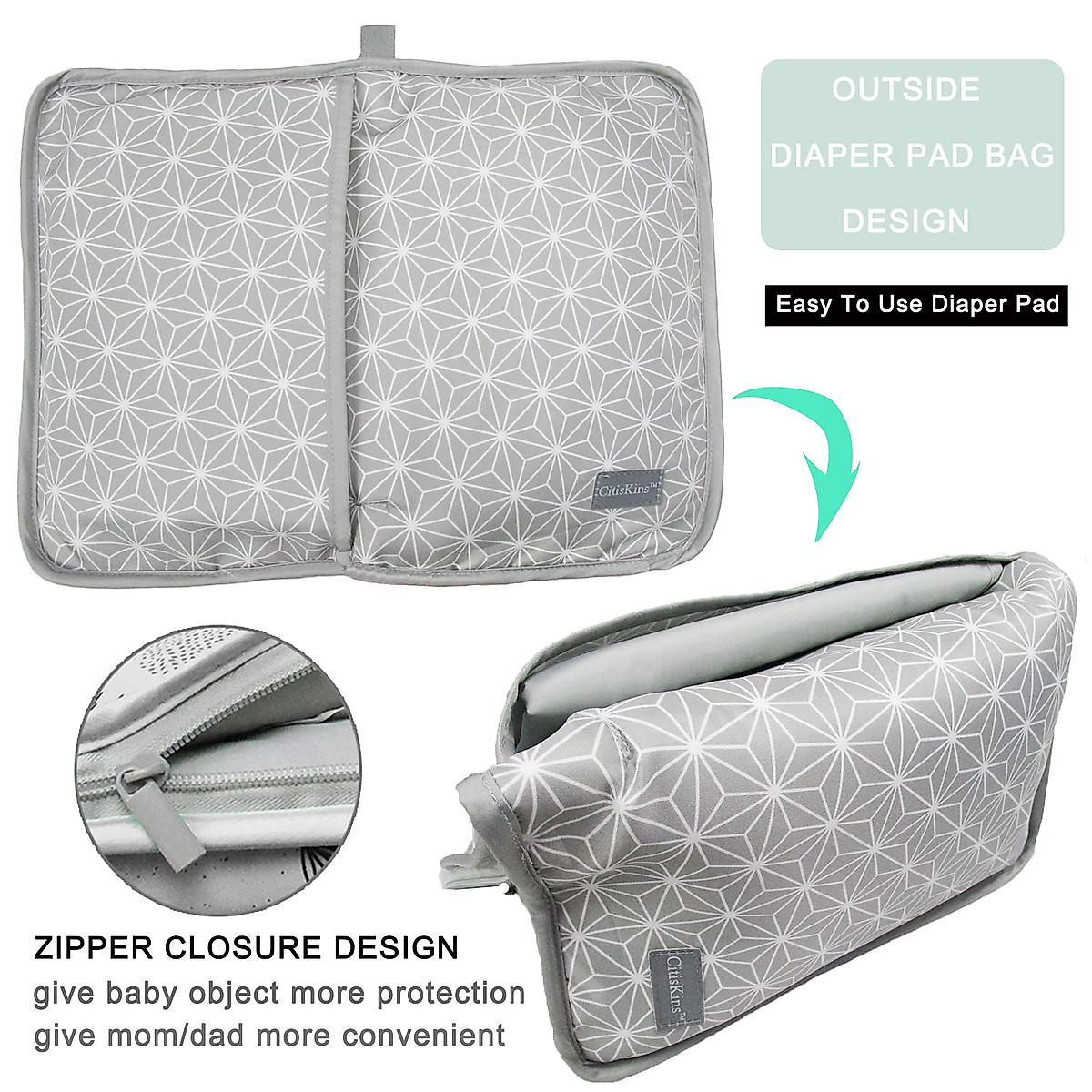Portable Diaper Changing Pad for Baby Diaper Changing Kit with Detachable Changing Mat and Wipes Pocket Newborn Girls and Boys Baby Shower Gifts (Grey)