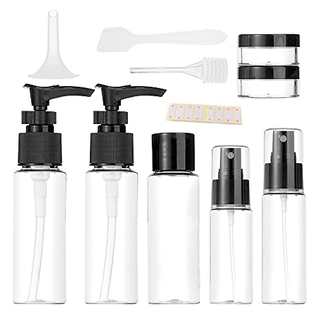 Vitog Travel Bottles Kit, TSA Approved Leak Proof Portable Toiletry Containers Set, Clear flight size PET Cosmetic Containers for Lotion, Shampoo, Cream, Soap, Set of 11 (Black+Plastic)