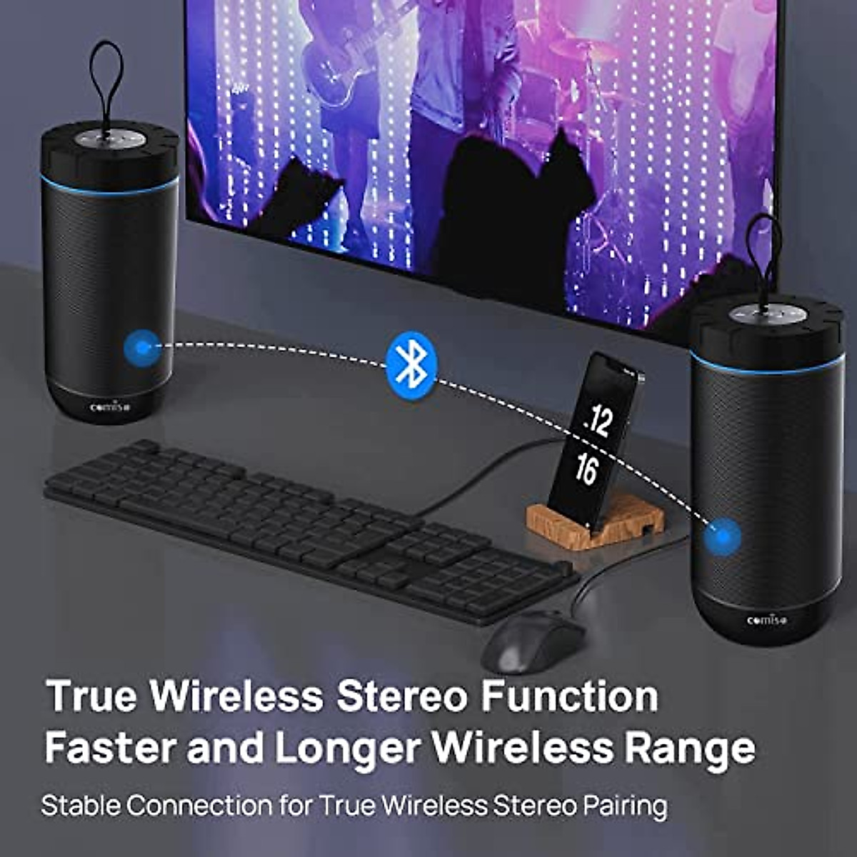 comiso Waterproof Bluetooth Speaker IPX7, 25W Wireless Portable Speakers Loud Sound Strong Bass Stereo Pairing 36 Hours Playtime, Bluetooth 5.0 Built in Mic for Calls Black