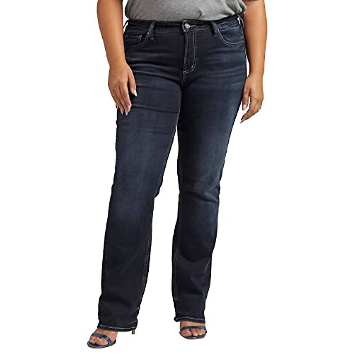 Silver Jeans Co. Women's Plus Size Suki Mid Rise Curvy Fit Slim Bootcut Jeans, Dark Wash COO411, 14W x 35L