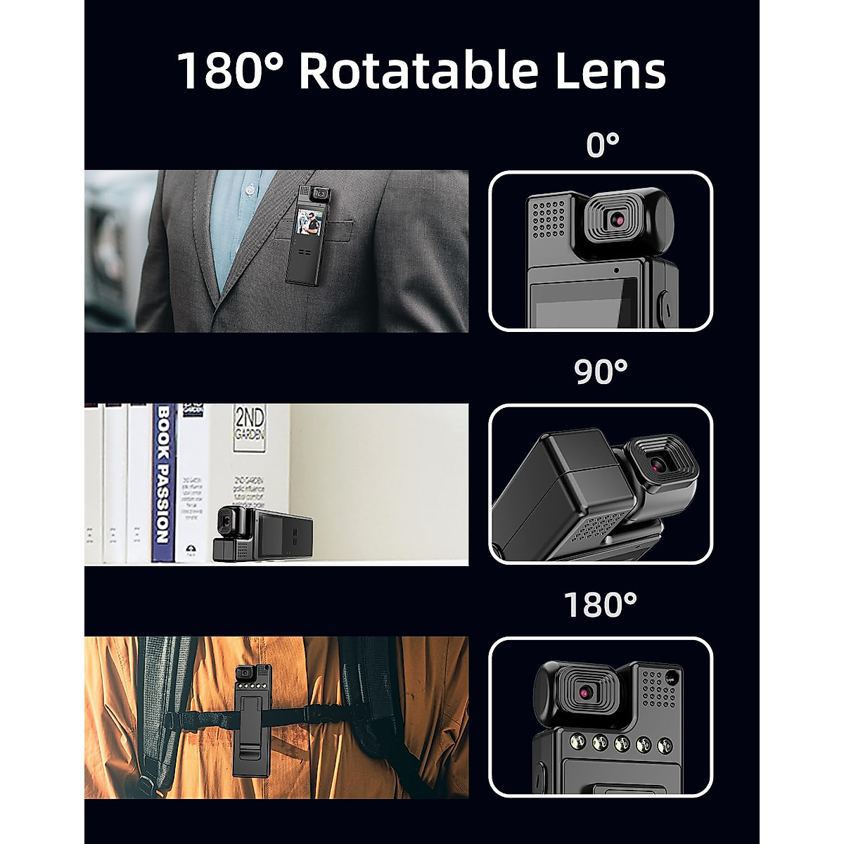 VIDCASTIVE 64G Body Camera with Video and Audio Recording, 1080P HD Police Body Worn Cam with 180° Rotatable Lens, Night Vision, and 6 Hours Battery Life for Daily Records, Delivery/Serving Jobs