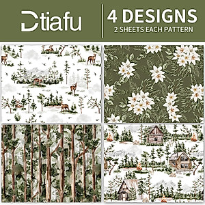 Dtiafu Forest Green Wrapping Paper 4 Watercolor Woodland Style Gift Wrap Paper Bulk Green Tree and Farmhouse for Christmas Wedding Baby Shower, 20 X 28 Inch, Folded Flat (8 Sheet)