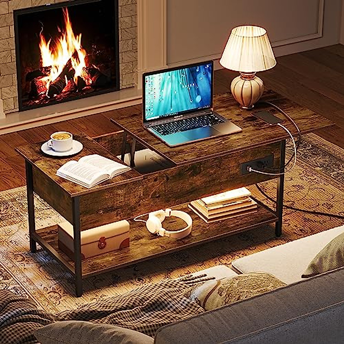 HOOBRO Lift Top Coffee Table, Coffee Table with Charging Station, Coffee Table with Lift Top and Power Outlet, Center Table for Living Room, Office, Reception Room, Rustic Brown and Black BF05UKF01