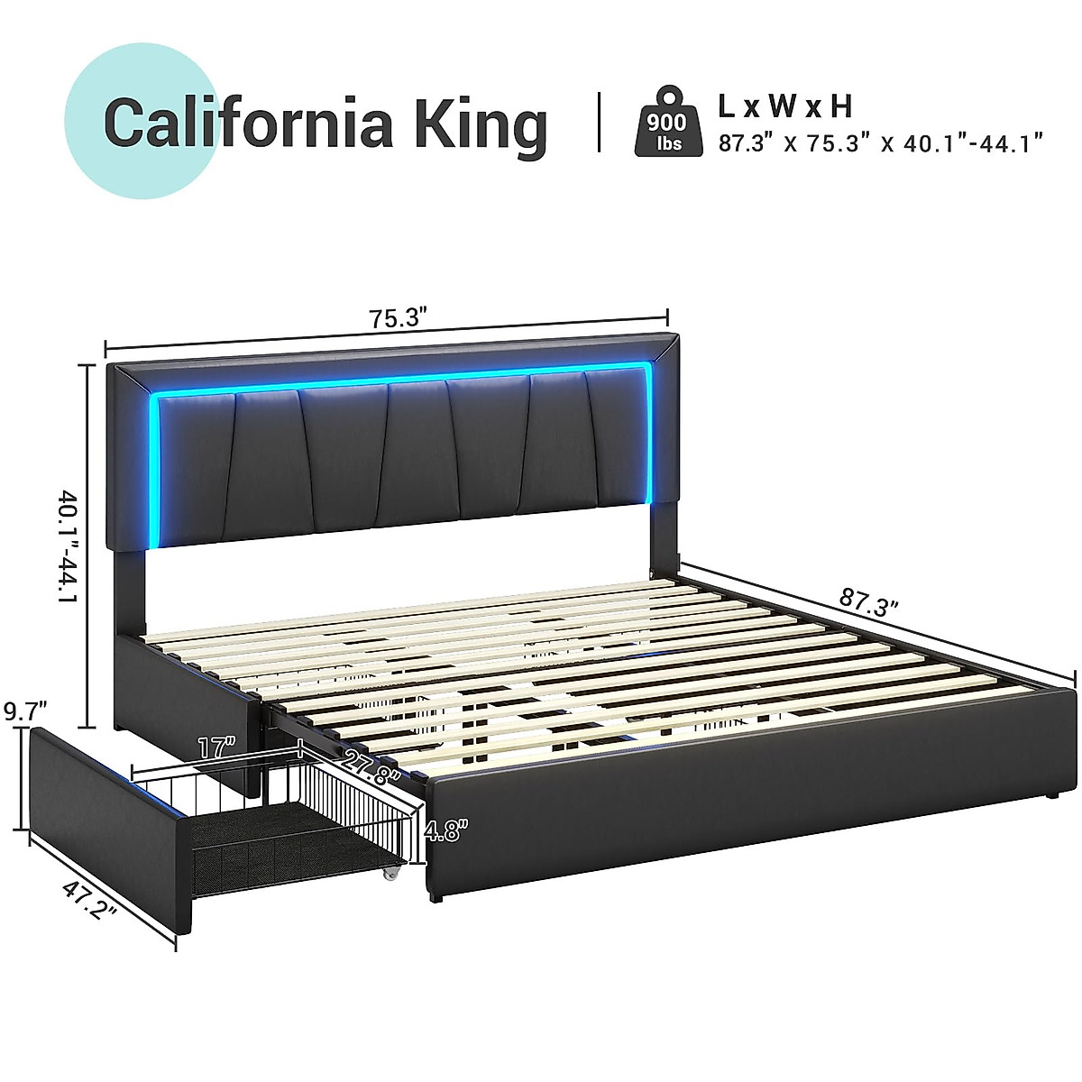 Hasuit California King Bed Frame with 4 Storage Drawers, LED Light Platform Bed Cal King Size with Charging Station, Black Artificial Leather Upholstered Headboard, No Spring Needed, Noise Free