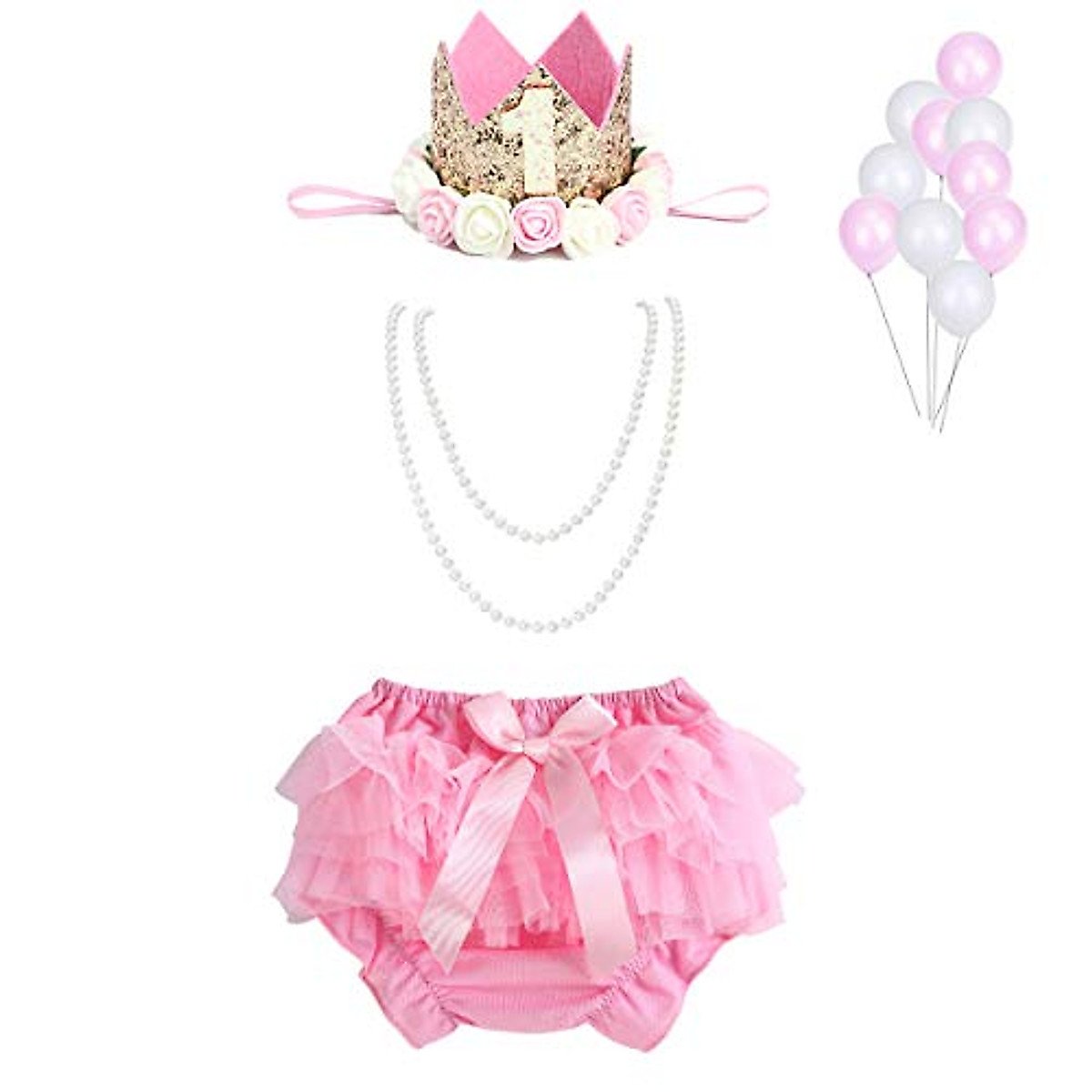 WELROG Baby Girls Cake Smash Outfit - Tutu Bloomers Diaper Cover Headband Pearl Necklace for First Birthday (Pink)