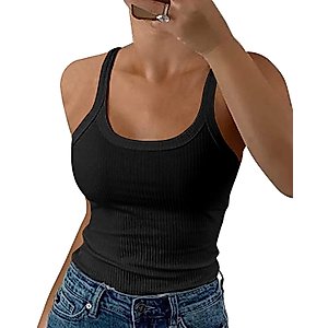 GEMBERA Women Spaghetti Strap Scoop Neck Ribbed Tank Tops Slim Fitted Cotton Camisole Basic Sleeveless Layering Shirts(3227 Black M)