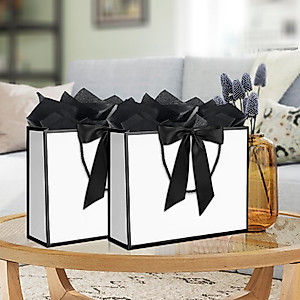 12 pcs White Gift Bags with Handles 12.5x4.5x10 Inches Large Paper Bags with Bow Ribbon and Tissue Paper Gift Wrap Bags for Birthday Bridesmaid Party Wedding Baby Shower Valentines, White-Black