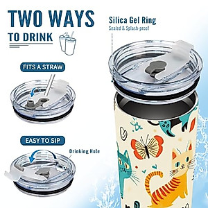 QWEUIOP 20oz Insulated Travel Coffee Mug Cute Cartoon Cats Stainless Steel Tumbler with Lid Double Wall Vacuum Coffee Cup For Hot and Cold Drinks14081
