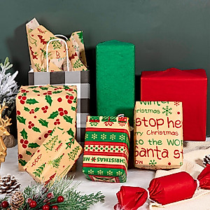 Whaline Christmas Tissue Paper Kraft Xmas Red Green Wrapping Paper 19.7 x 13.8 Inch Assorted Xmas Tree Holly Berry Christmas Tissue Paper for Gift Bags Holiday DIY Crafts Decor, 90 Sheet