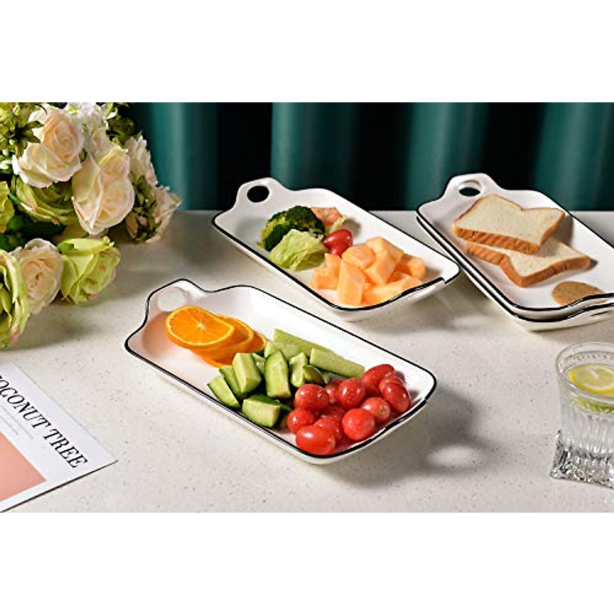 AnBnCn Porcelain Serving Platter with Handles - Set of 4, Versatile White Serving Plates for Dessert, Sushi Rolls, Party or Daily Use - Rectangle,12 Inch