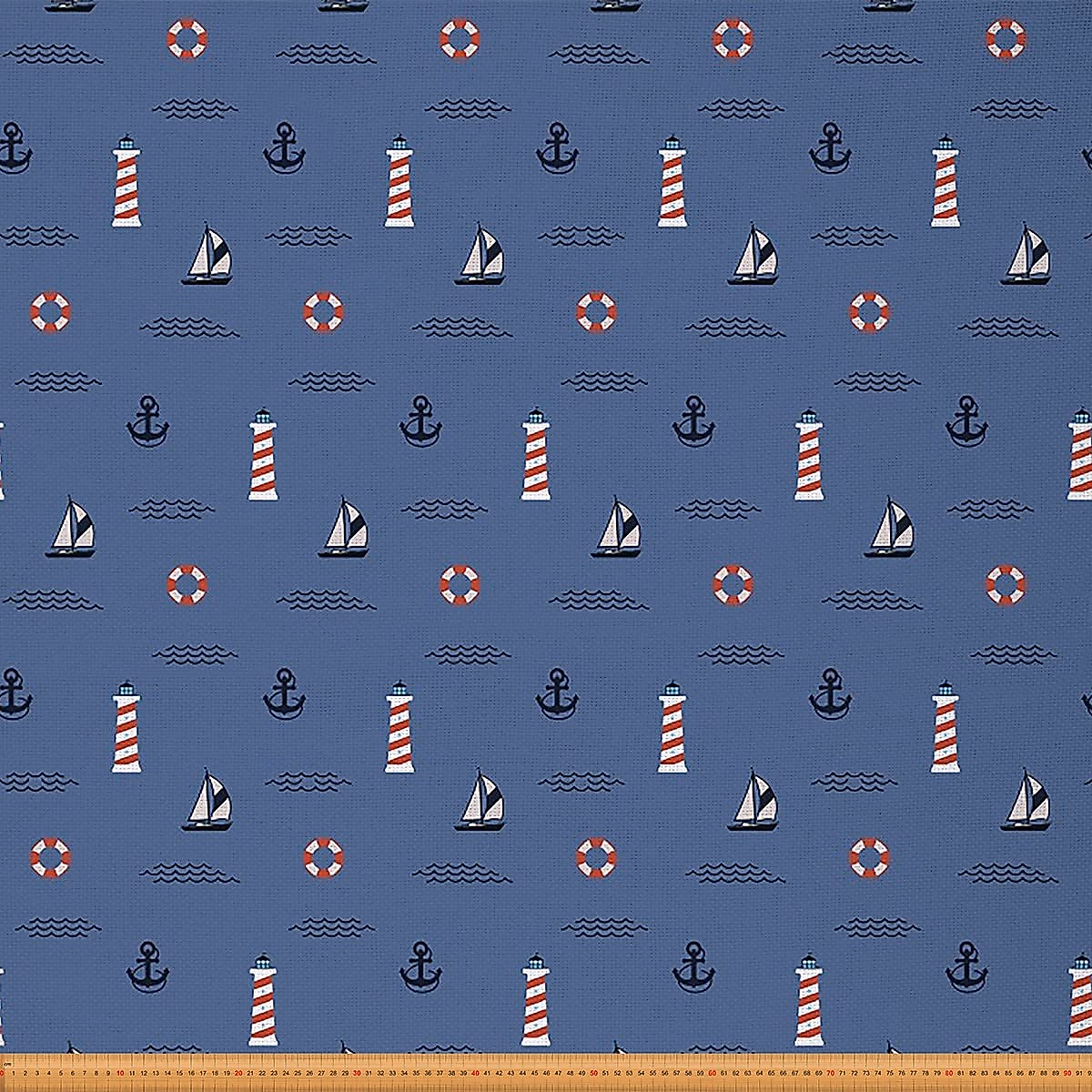 Upholstery Nautical Fabric by The Yard, Anchor Sailboat Printed Decorative Fabric for Upholstery and Home DIY Projects, Ocean Themed Lighthouse Waterproof Outdoor Fabric, 10 Yard, Navy Blue
