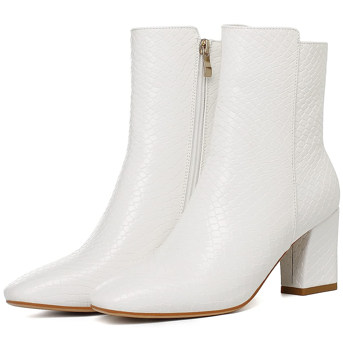Caradise Womens High Chunky Heeled Boots Zip Up Square Toe Ankle Booties Size 10 B(M) US,White