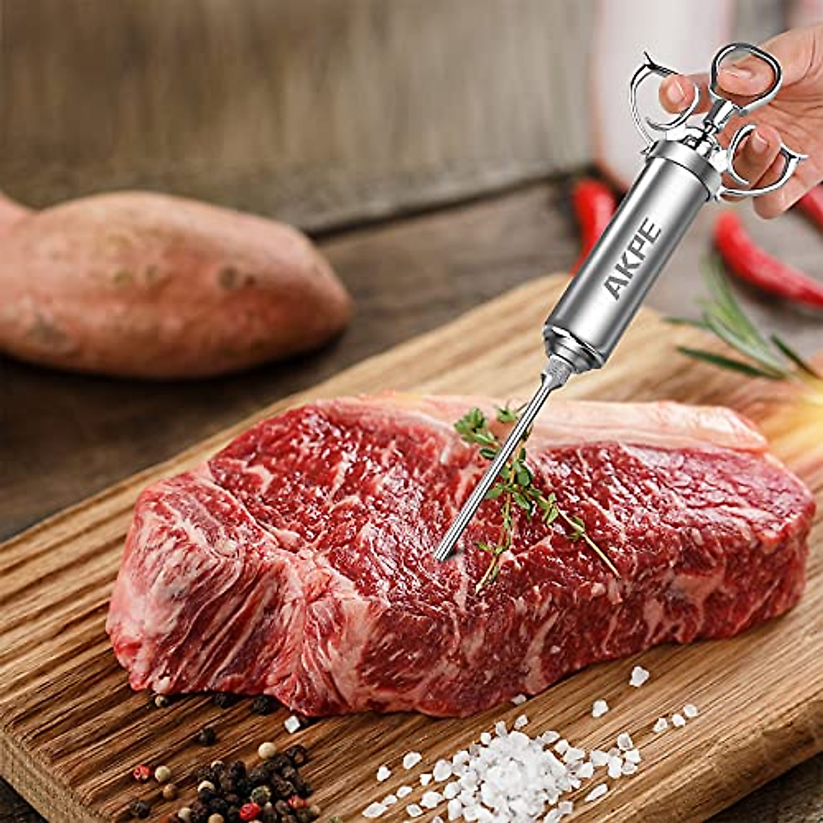 AKPE Meat Injector, Stainless Steel Marinade injector Syringe for BBQ Grill and Turkey, 2 Ounce Syringe with 3 Needles, Easy to Use and Clean (Without Case)