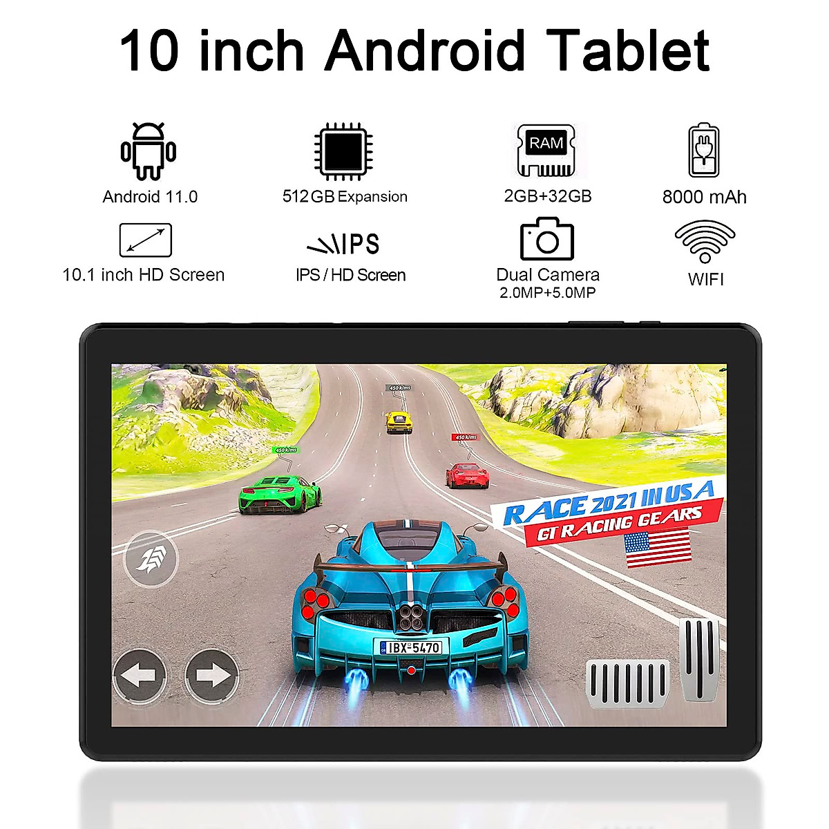 Relndoo Android Tablet 10 inch, Android 11 Tablet 2GB RAM 32GB ROM 512GB Expand, Tablet Android with 8000mAh Battery, WiFi, GPS, Bluetooth, Dual Camera, GMS Certified