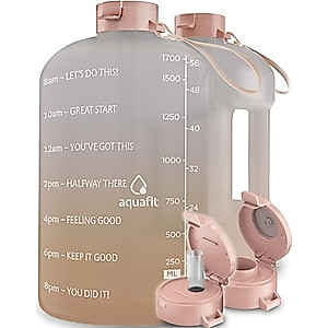AQUAFIT Half Gallon Water Bottle With Time Marker - 64 oz Water Bottle With Straw - Gym Water Bottle With Strap - Big Water Bottle - Reusable Water Bottles With Straw - Large Water Bottle With Handle