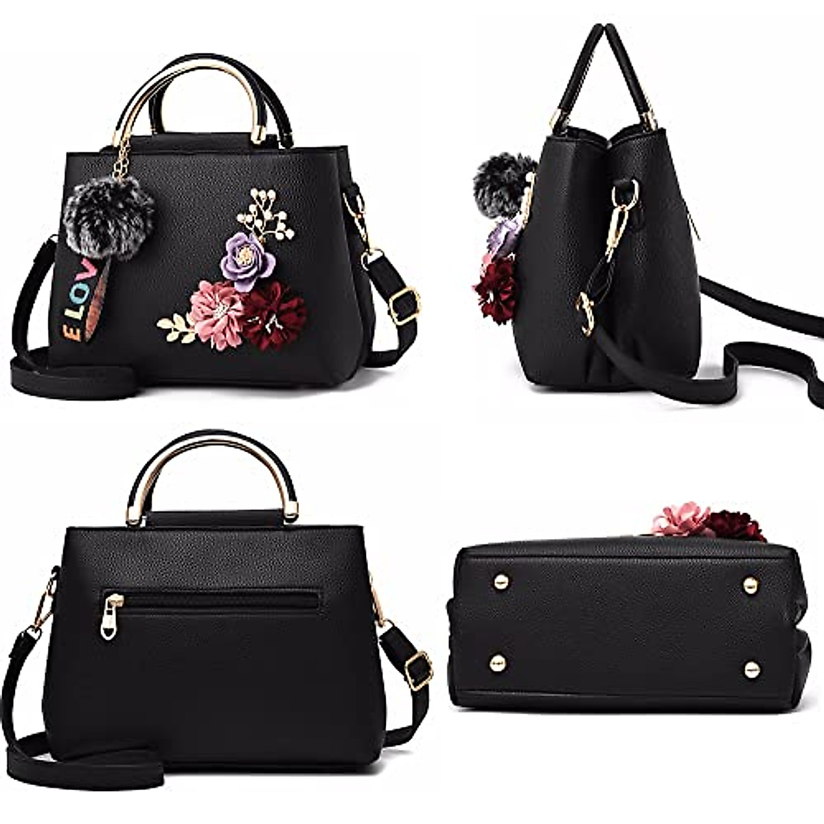 Dayfine Women Purse Top Handle Handbags PU Leather 3D Floral Inlay Satchel Bag Shoulder Crossbody Bags Ladise Medium Tote Bag with Hair Ball Pendant -Blue