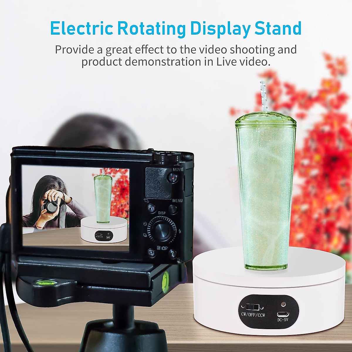 maieray Turner Cup Motorized Rotating Display Stand for Epoxy Glitter Tumbler, 360°Automatic Mute Rotating Turntable for Photography Products, Tumbler Mugs Making Supplies Spinner USB 4.72in