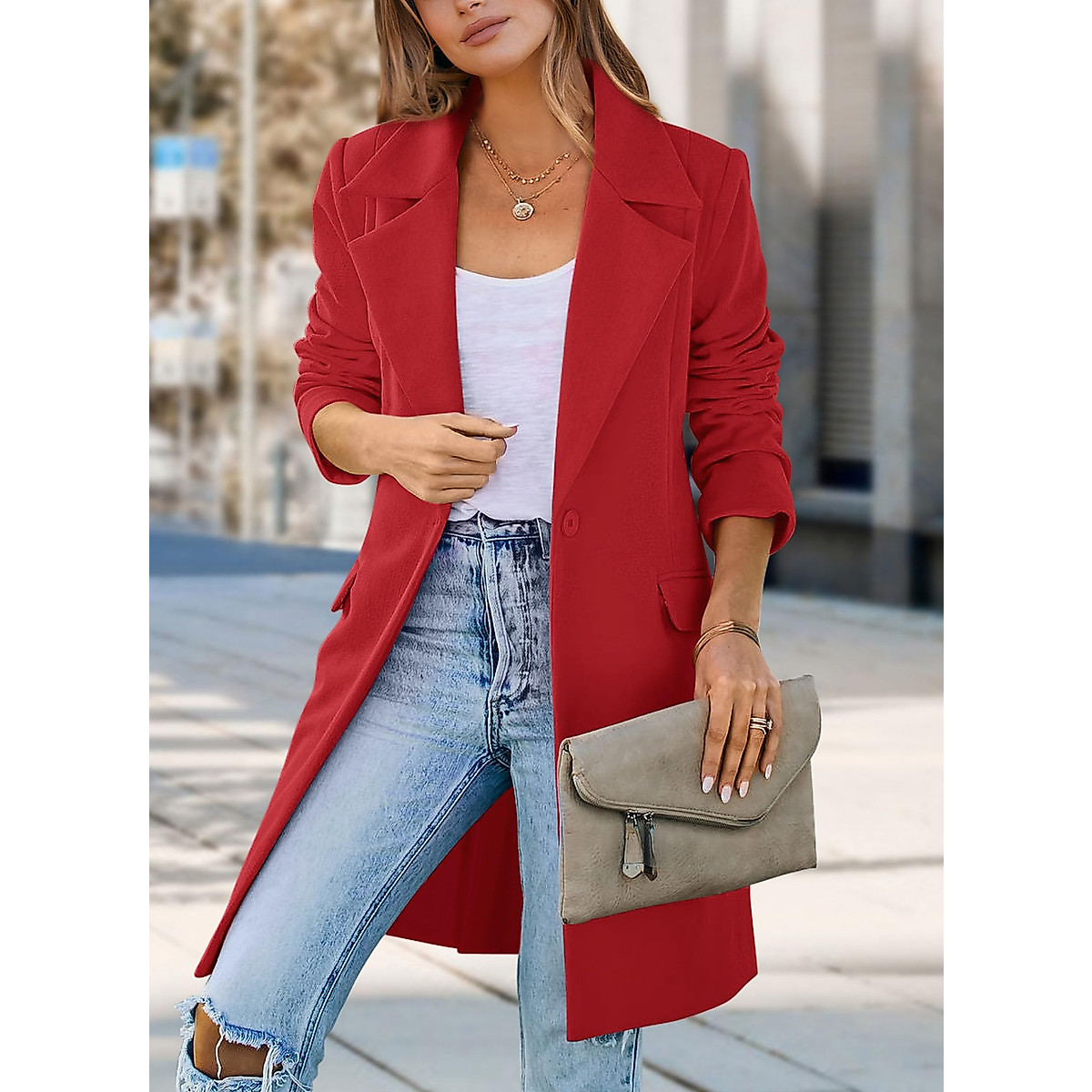 PRETTYGARDEN 2024 Fall Long Blazer Jackets for Women Long Sleeve Lapel Pockets Loose Fit Business Casual Blazers Outfits (Red,Small)