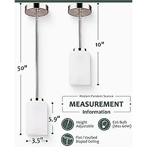Eietonte 1-Light Mini Pendant Light Fixtures, Industrial Chandelier Hanging Ceiling Light with Opal White Shades, Adjustable Height, Brushed Nickel Pendant Lighting for Kitchen Bedroom Hallway, 2 Pack