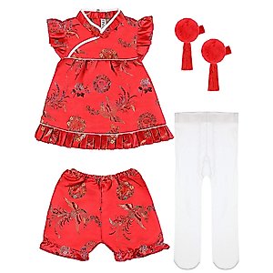 Geyoga Baby Qipao Girls Chinese New Year Sleeveless Dress with Chinese Style Tassel Hair Clips and Velvet Baby Stockings (2-3 Years) Red, White