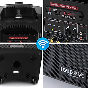 Pyle Wireless Portable PA Speaker System - 360W Bluetooth Compatible Battery Powered Rechargeable Outdoor DJ sound Speaker Microphone Set with MP3 USB SD FM Radio RCA 1/4" Mic In Wheels PPHP8MBA,Black