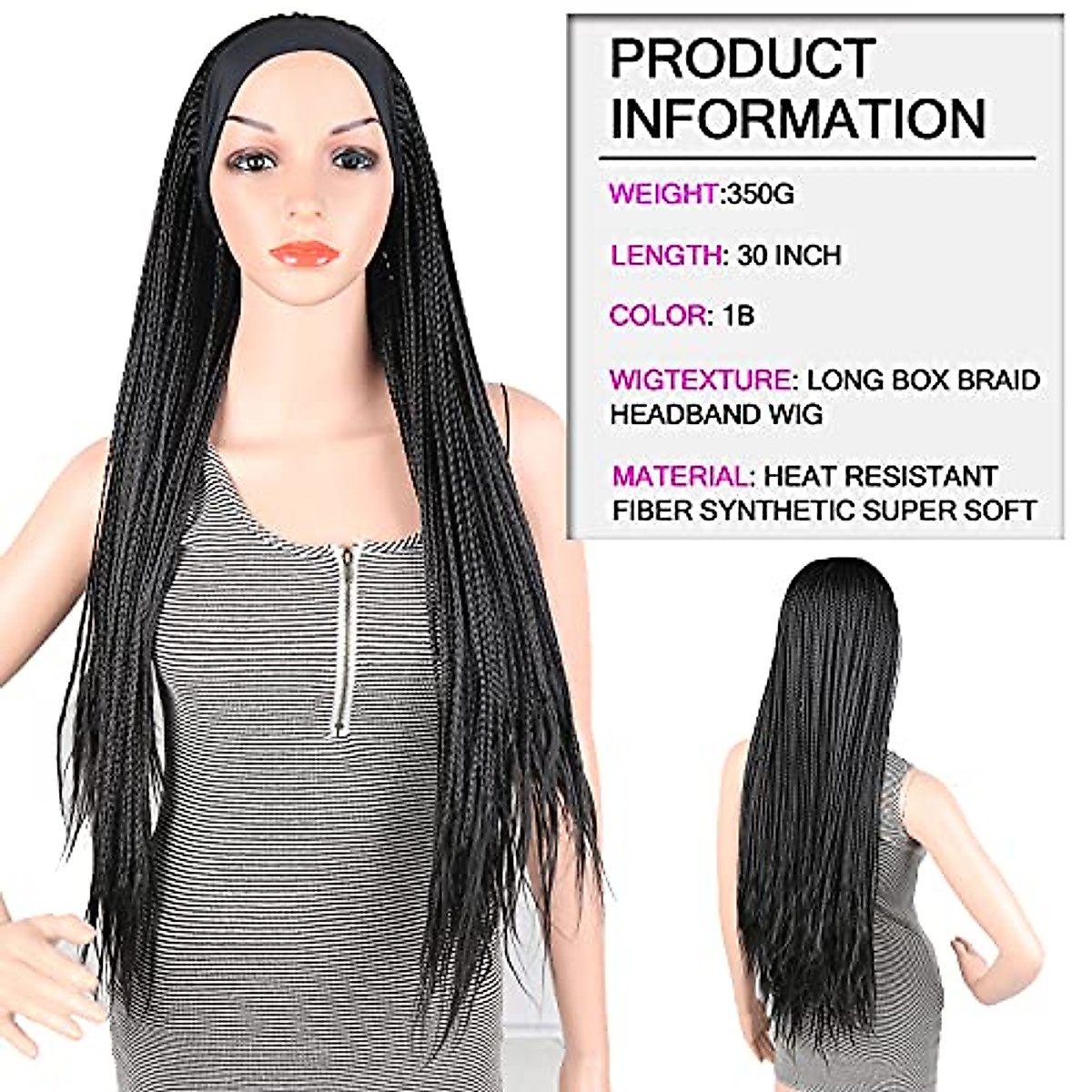 Braided Wigs with Headband Attached for Black Women Twist Crochet Hair Wrap Jumbo Synthetic Cornrow Black Box Braid Long CrochetTwistWig 30Inch