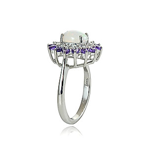GemStar USA Sterling Silver Ethiopian Opal, African Amethyst and White Topaz Oval Flower Ring